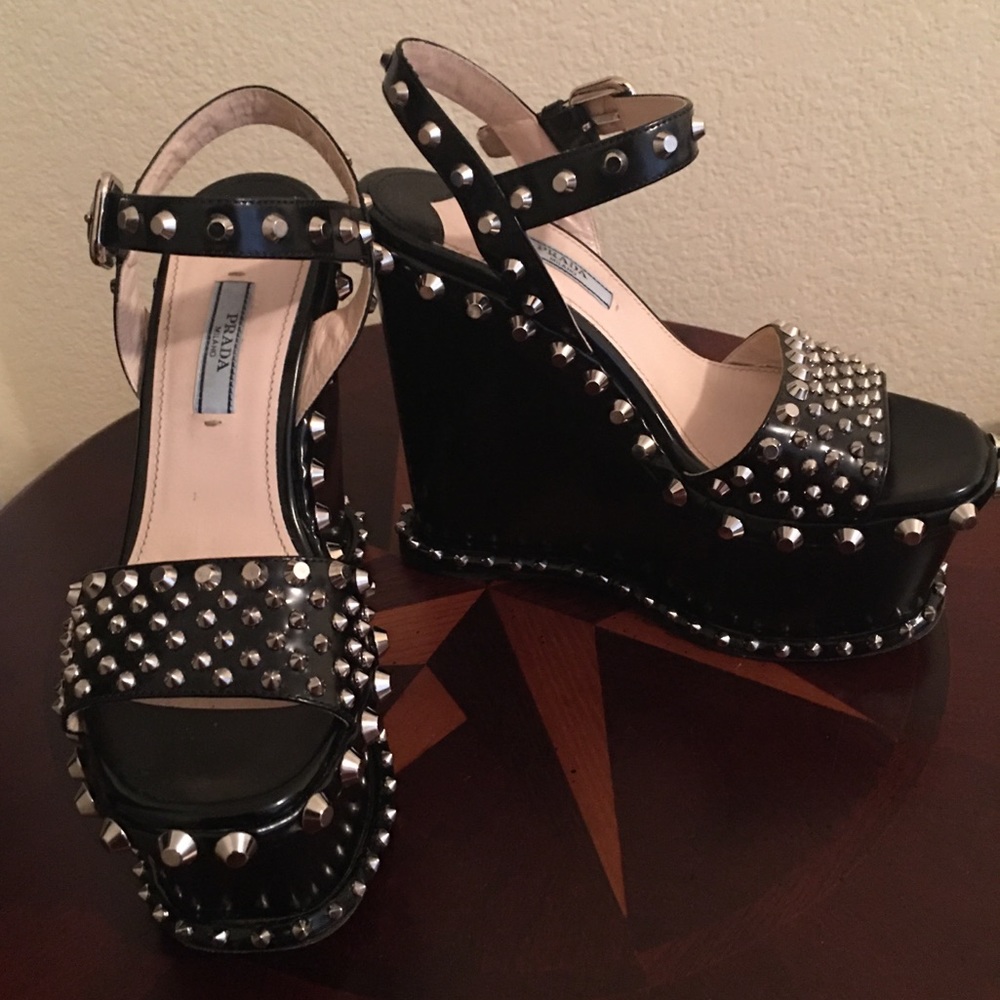 Authentic Prada Spazzolato Platform Wedges - Gem